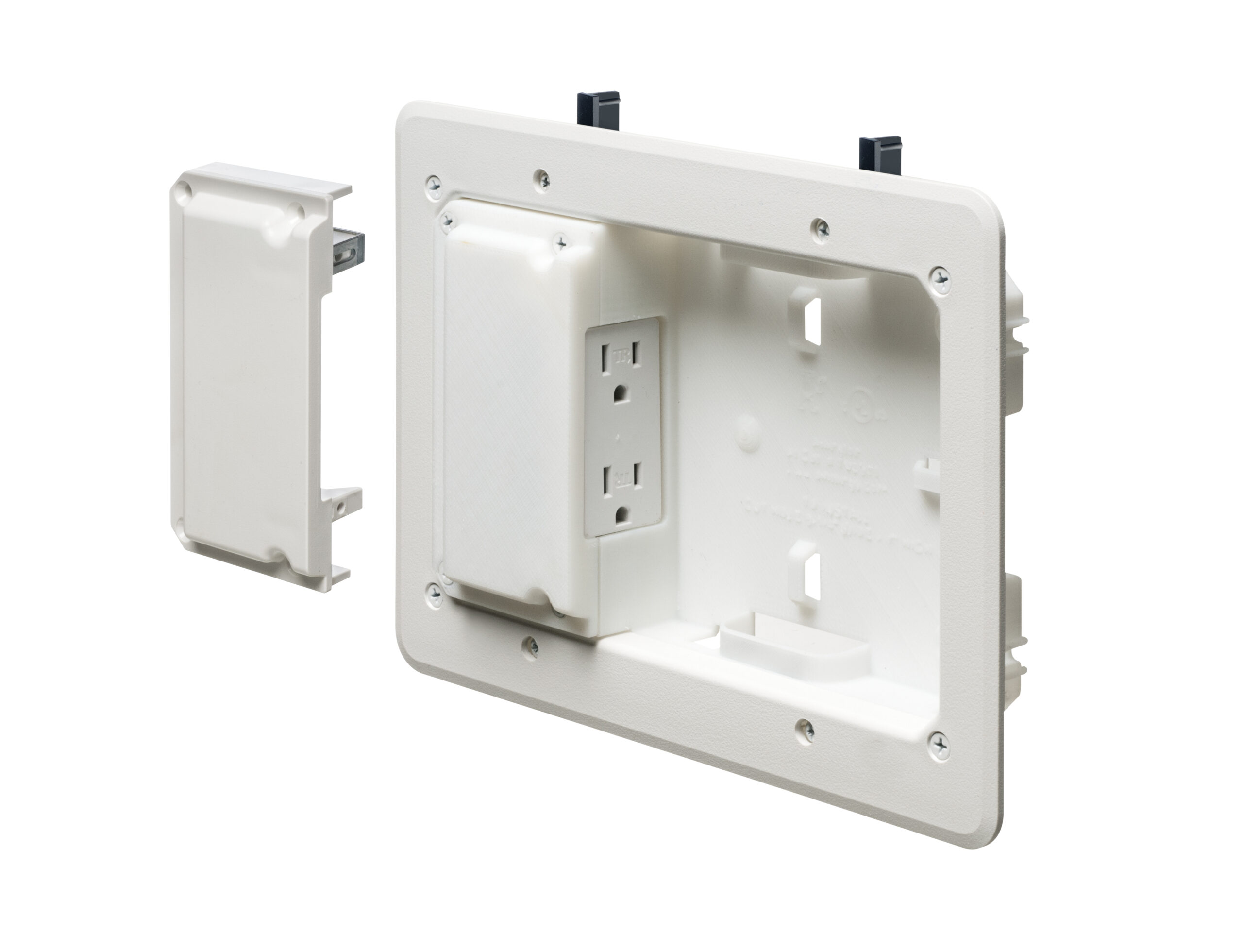 Triple Gang Low Profile TV Box w/ Power | White – Cable & Connections